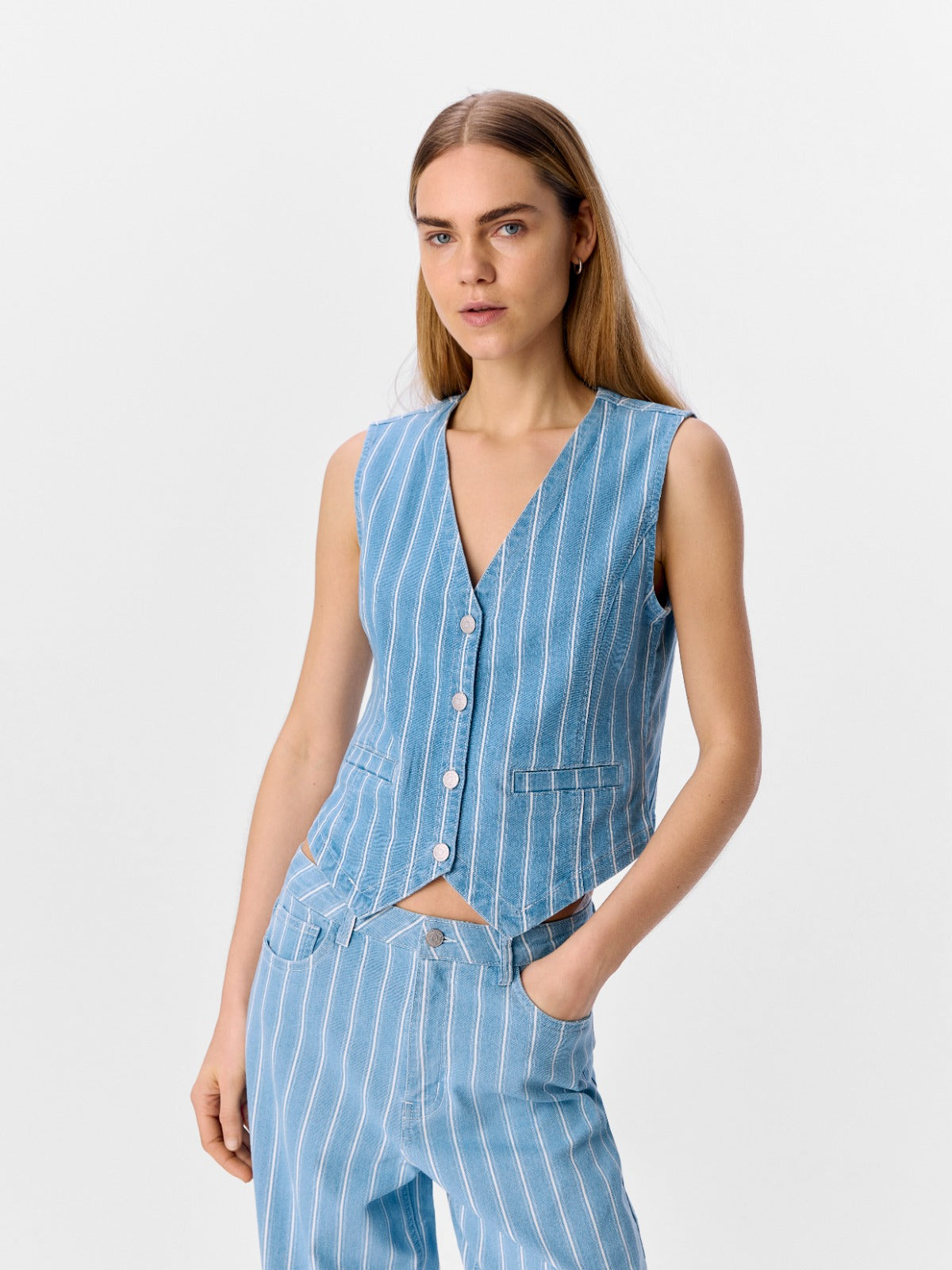 Mollie Stripe Denim Waistcoat – My Store